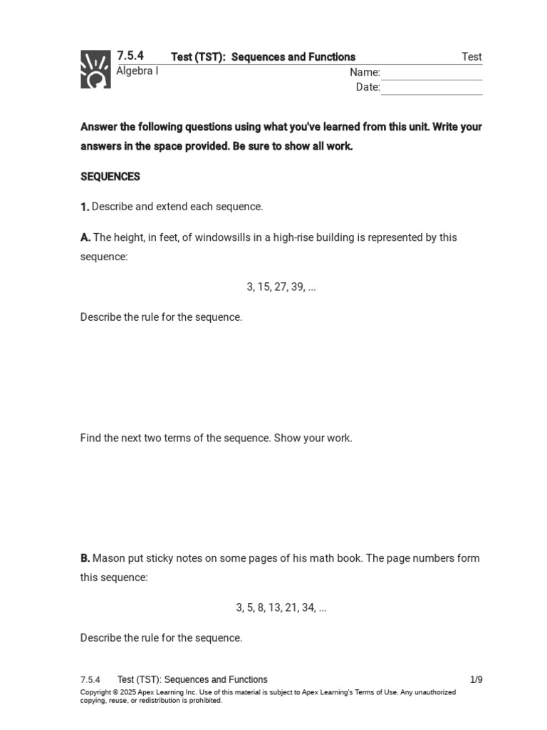 7.5.4 Test (TST) - Sequences and Functions (Test) | PDF | Function ...