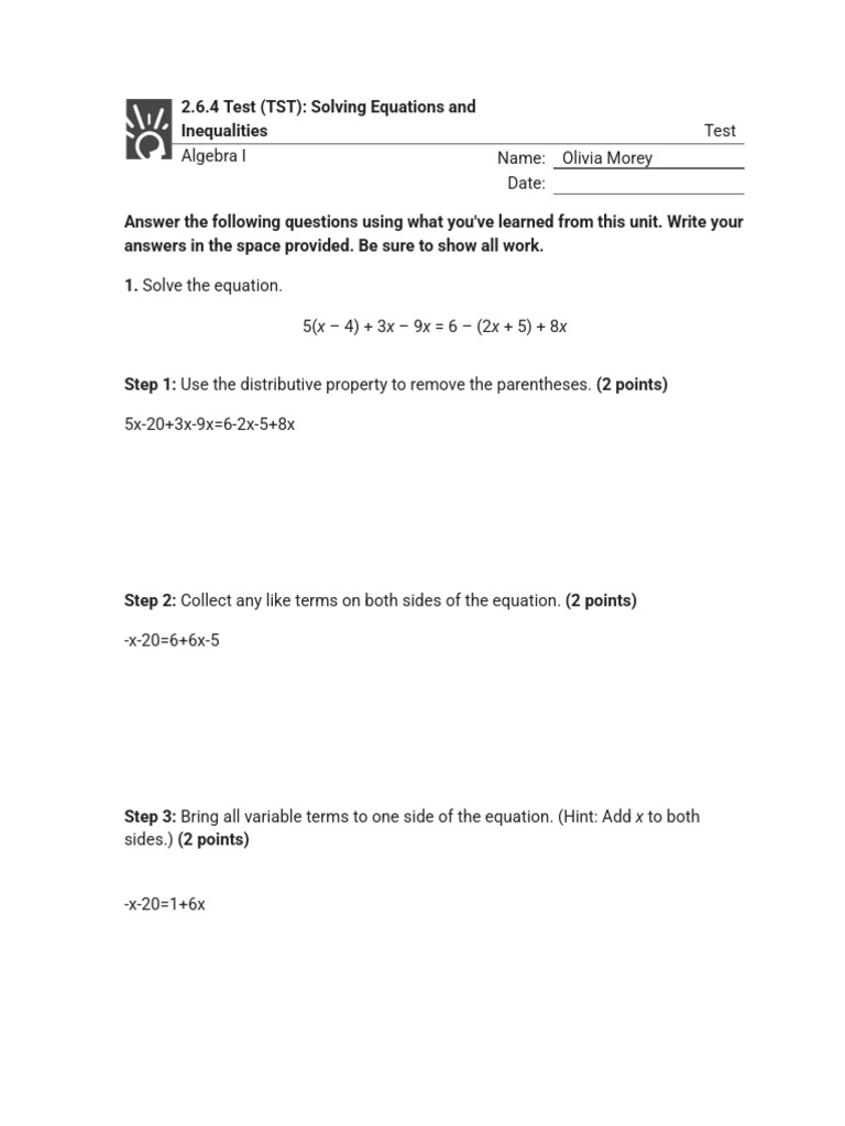 2.6.4 Test (TST) - Solving Equations and Inequalities (Test) | PDF ...