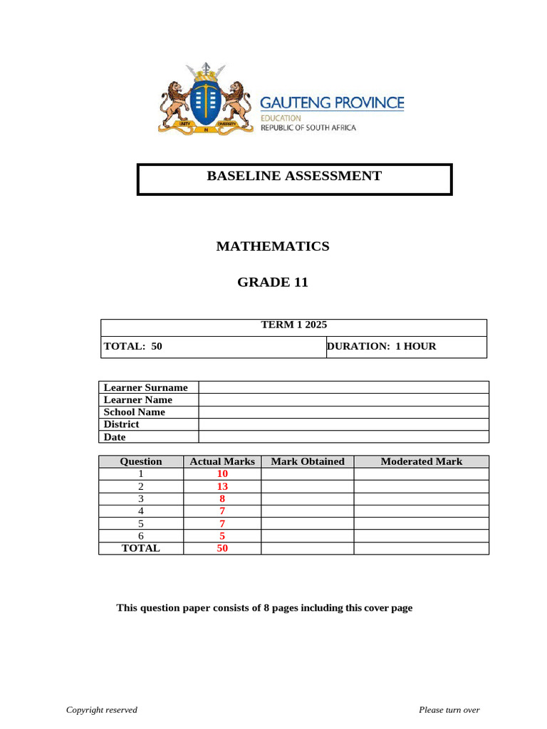 2025 Baseline Test Grade 11 Mathematics | PDF | Mathematics