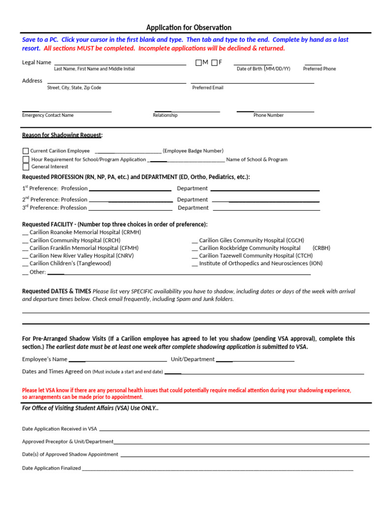 Application For Observation Form | PDF