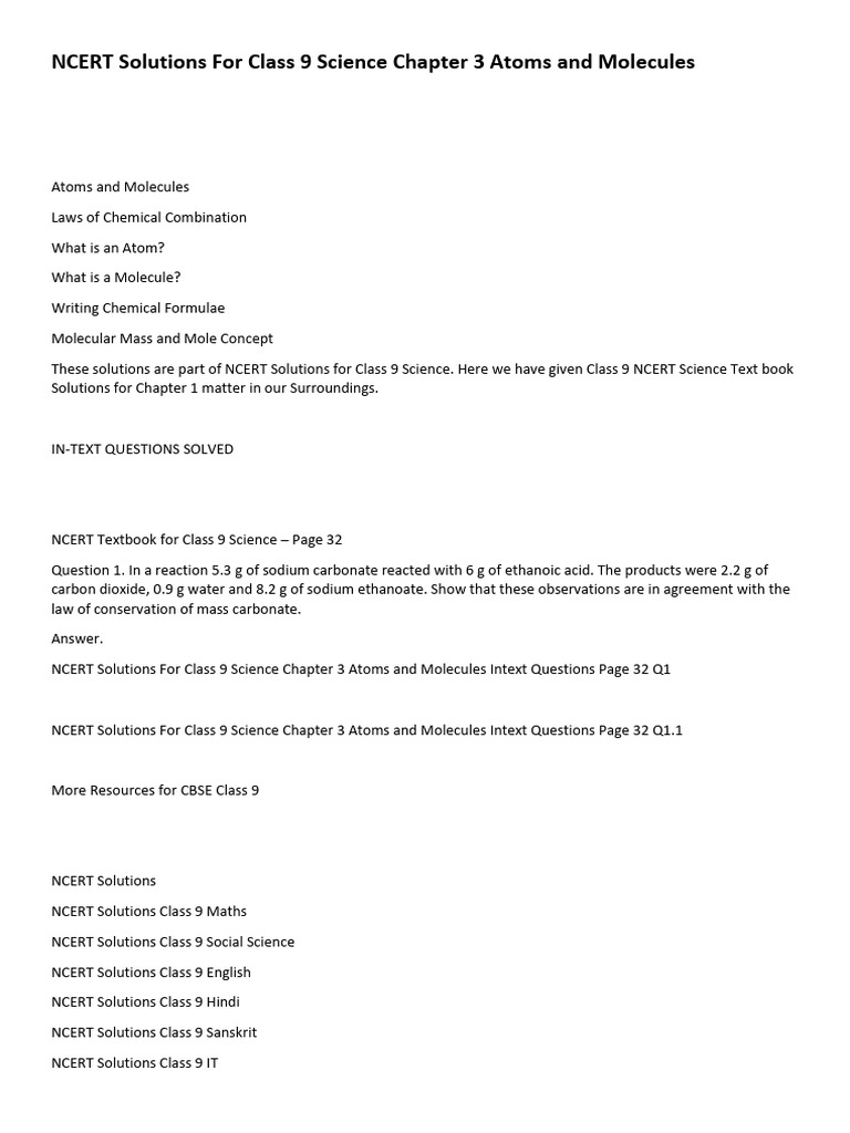 NCERT Solutions For Class 9 Science Chapter 3 Atoms and Molecules | PDF ...