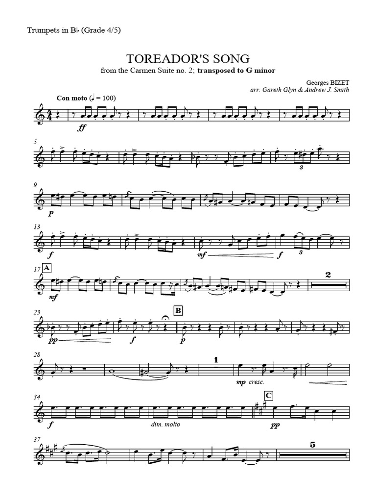 Bizet Toreador Arr Gareth Glyn gd4-5 Transposed Key Trumpets in BB ...