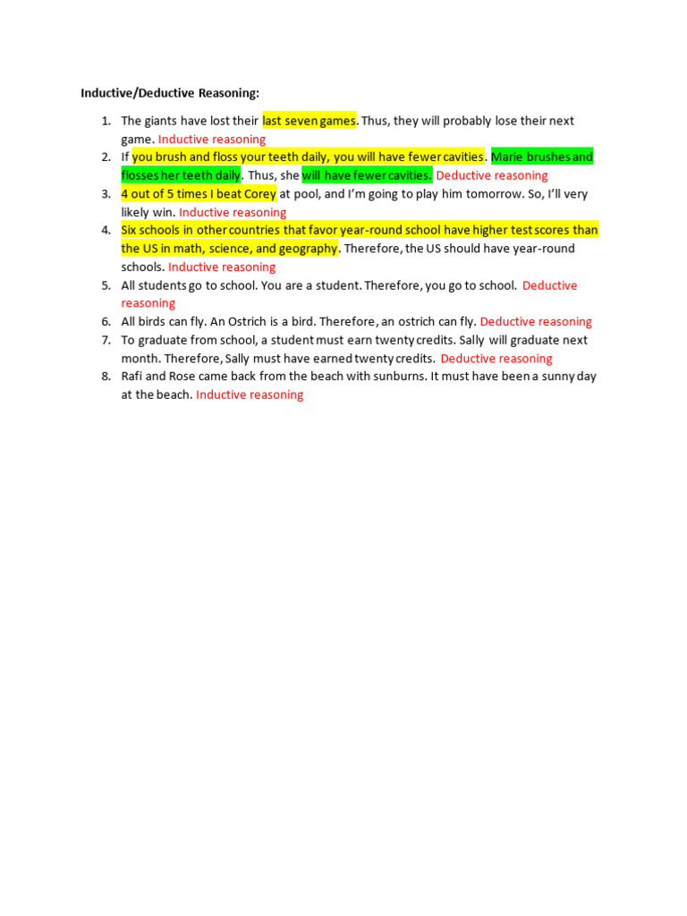 Inductive vs. Deductive Reasoning Examples | PDF