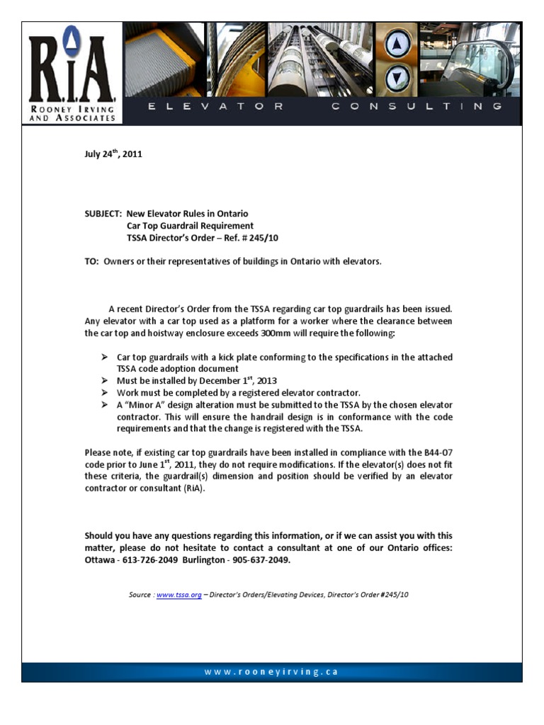 Car Top Guardrail - TSSA 245-10 | PDF | Elevator | Business