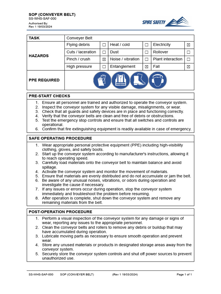 Conveyor Belt Operation SOP | PDF | Personal Protective Equipment | Safety