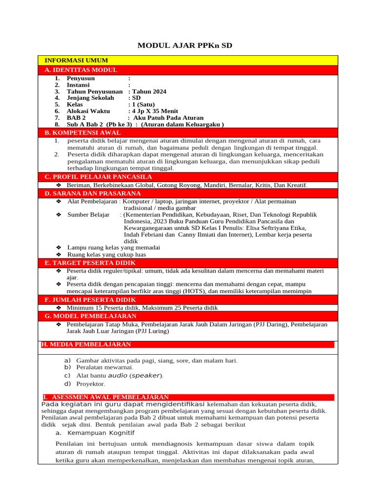 Modul Ajar PP KLS 1 SMT 1 Bab 2 Sub A PB 3 | PDF