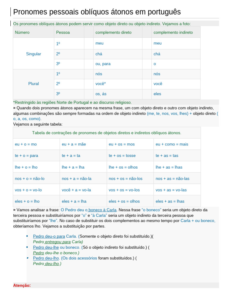 Pronome Pessoal Oblíquo Átono em Português | PDF | Sintaxe | Gramática