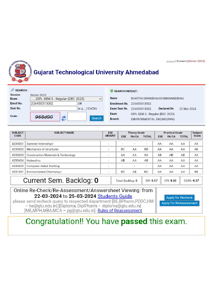Diploma Semester 3 Result | PDF