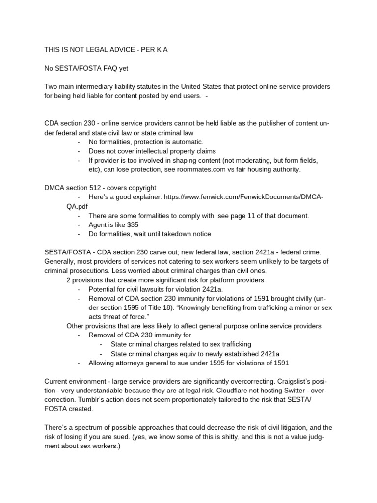 Notes - SESTA Impact CDA 230 | PDF | Justice | Crime & Violence