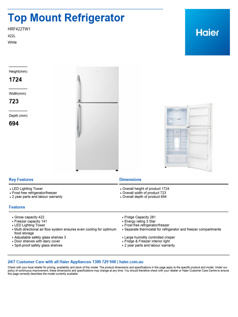 Haier HRF422TW1 422L Top Mount Fridge Specifications Sheet | PDF