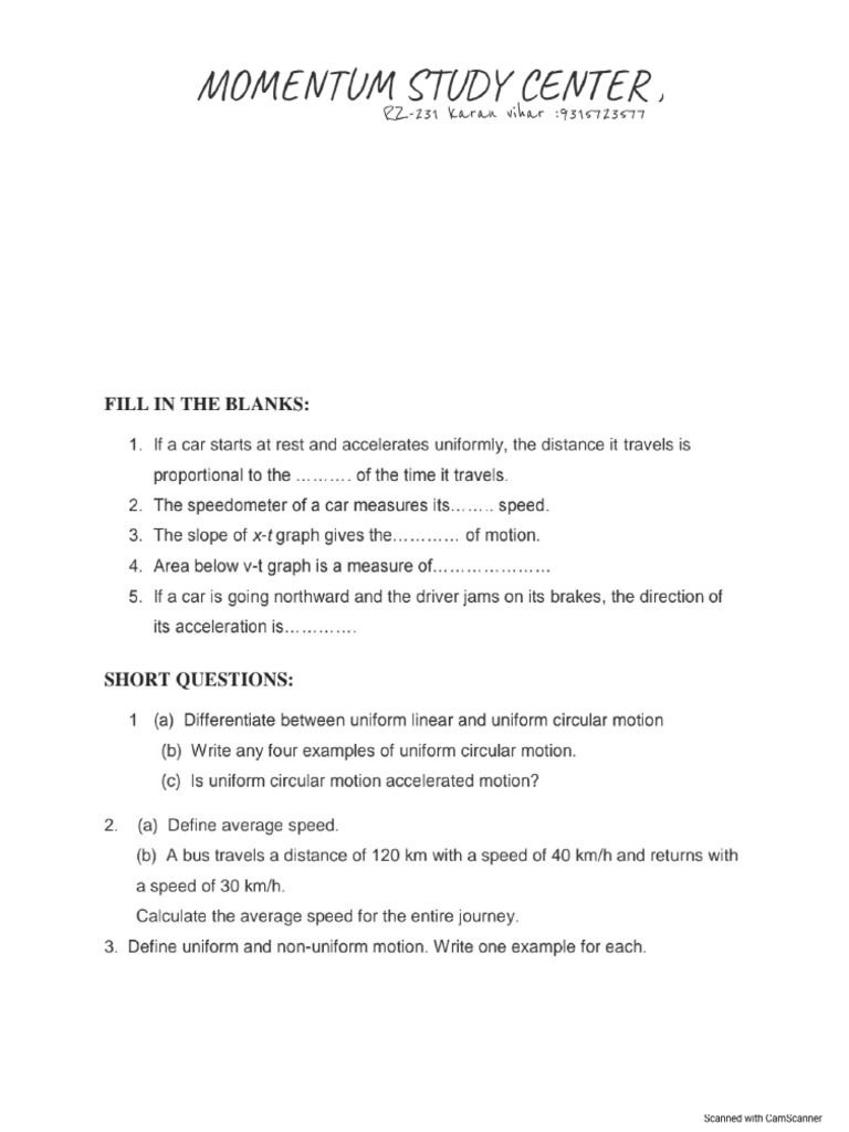 Class 9TH Motion Test | PDF