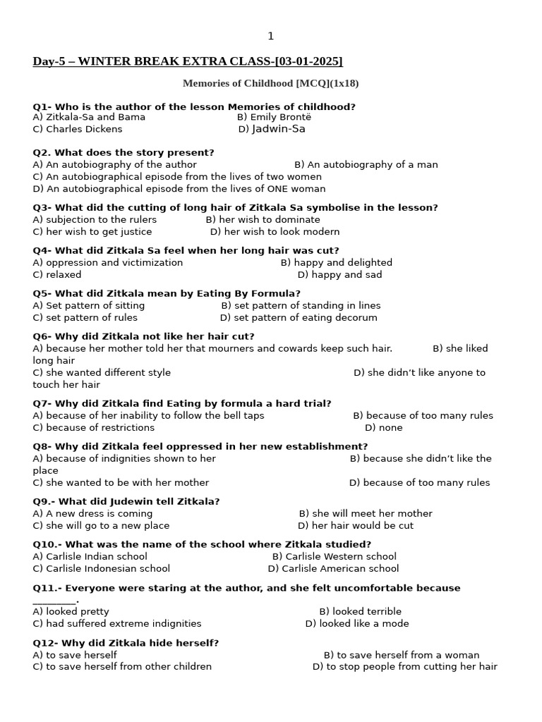 Winter Break Extra Class MCQs on Childhood | PDF