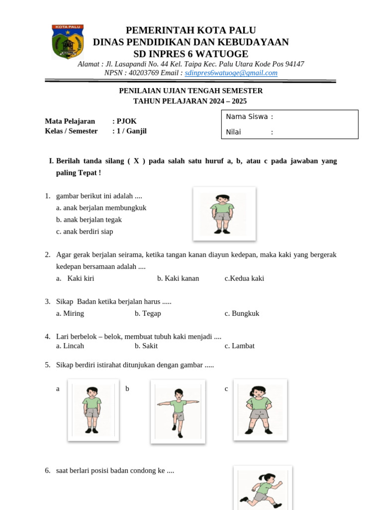 Soal Semester Ganjil Kelas 1-6 Pjok 2023-2024 | PDF