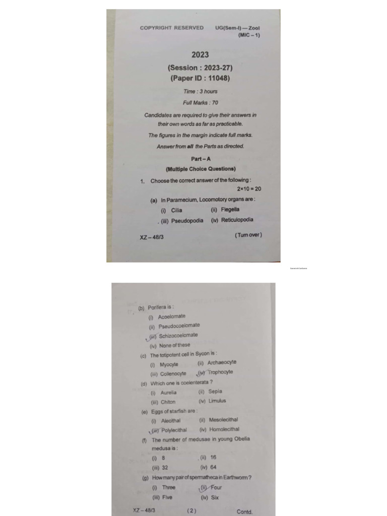 (MIC-1) Zoology 1st Sem PYQ by T.S.R | PDF