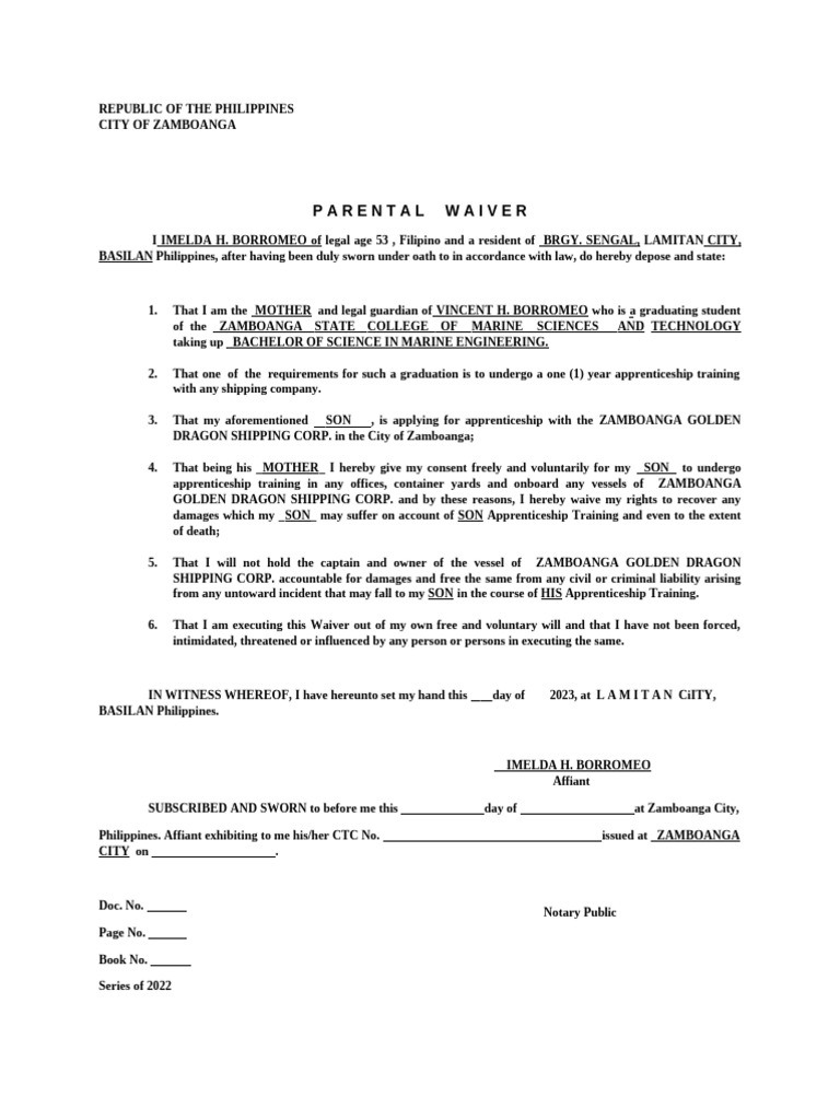 Parental Waiver for Apprenticeship Training | PDF | Legal Procedure | Justice