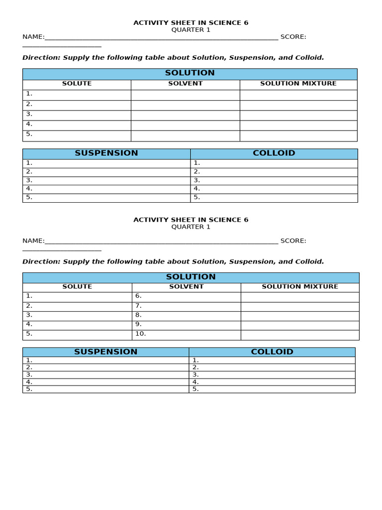 Solution, Suspension, Colloid Act Sheet | PDF
