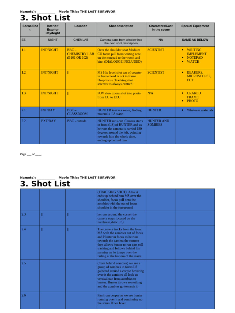 Shot List THE LAST SURVIVOR 1 | PDF