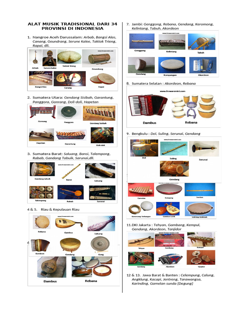Alat Musik Tradisional 34 Provinsi Indonesia | PDF
