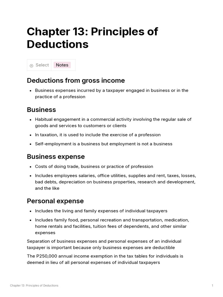 Chapter 13 Principles of Deductions | PDF | Tax Deduction | Expense