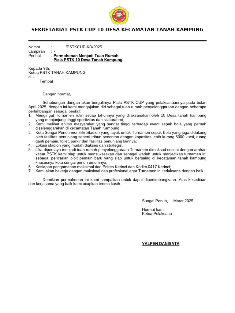 Permohonan Tuan Rumah PSTK Cup 2025 | PDF