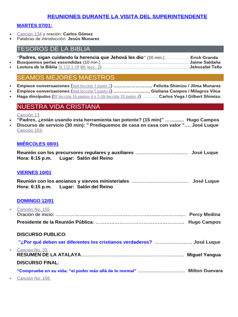 Programa para La Visita Del Sup de Circuito 07-12 de Enero 2025 Final | PDF | Restauracionismo ...