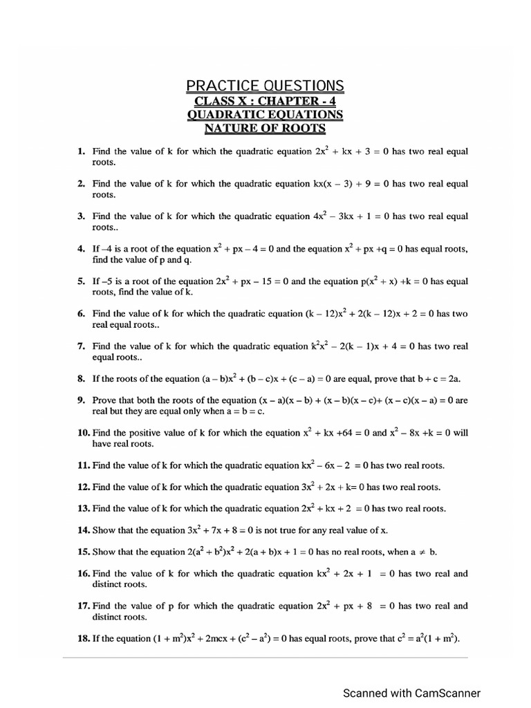 10 Maths Practice Questions Quadratic (1) | PDF