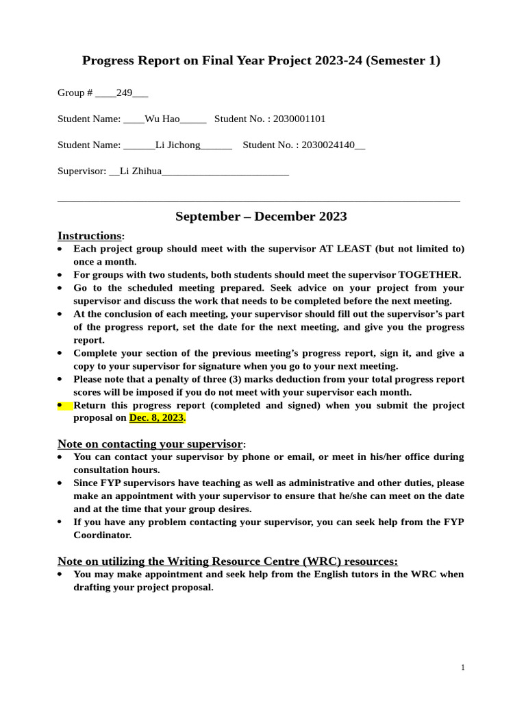Progress Report template_FYP 2023-24 Sem 1 | PDF