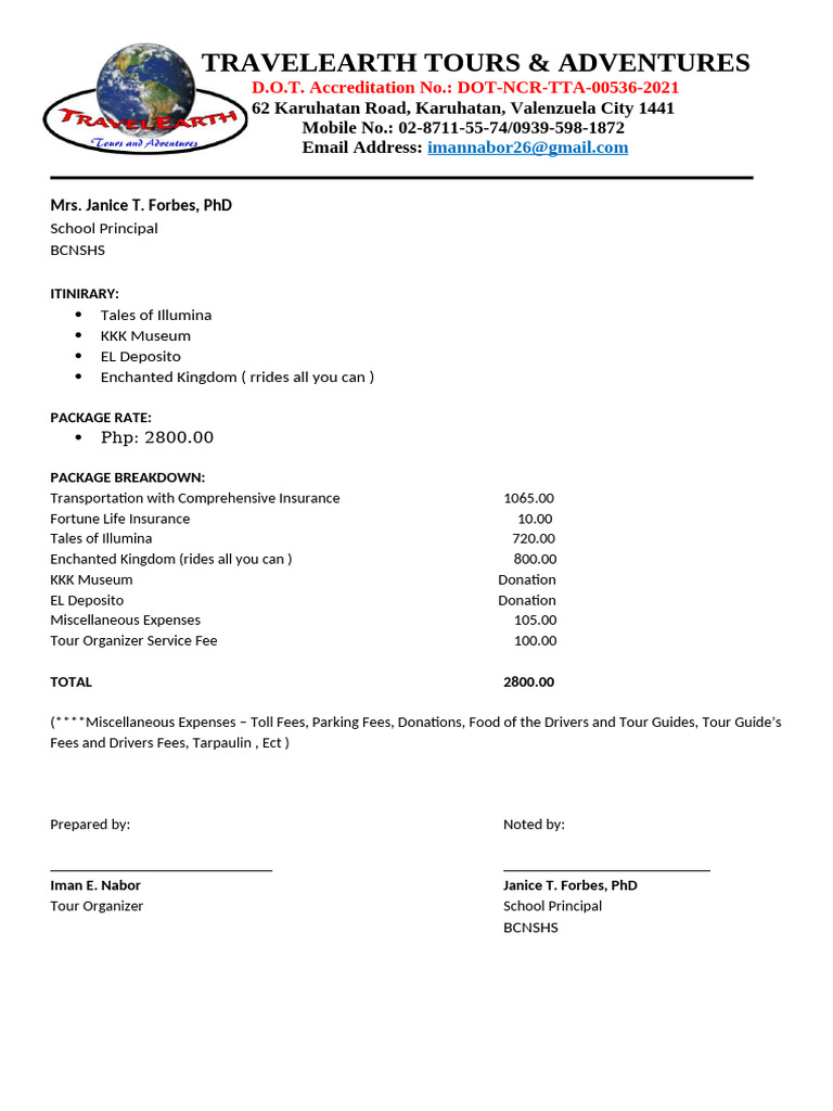 PACKAGE BREAKDOWN BCNSHS - Docx 1 | PDF