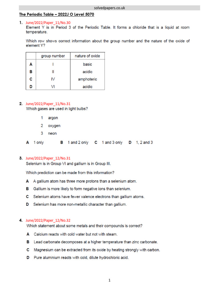 2022J The Periodic Table O Level 5070 | PDF