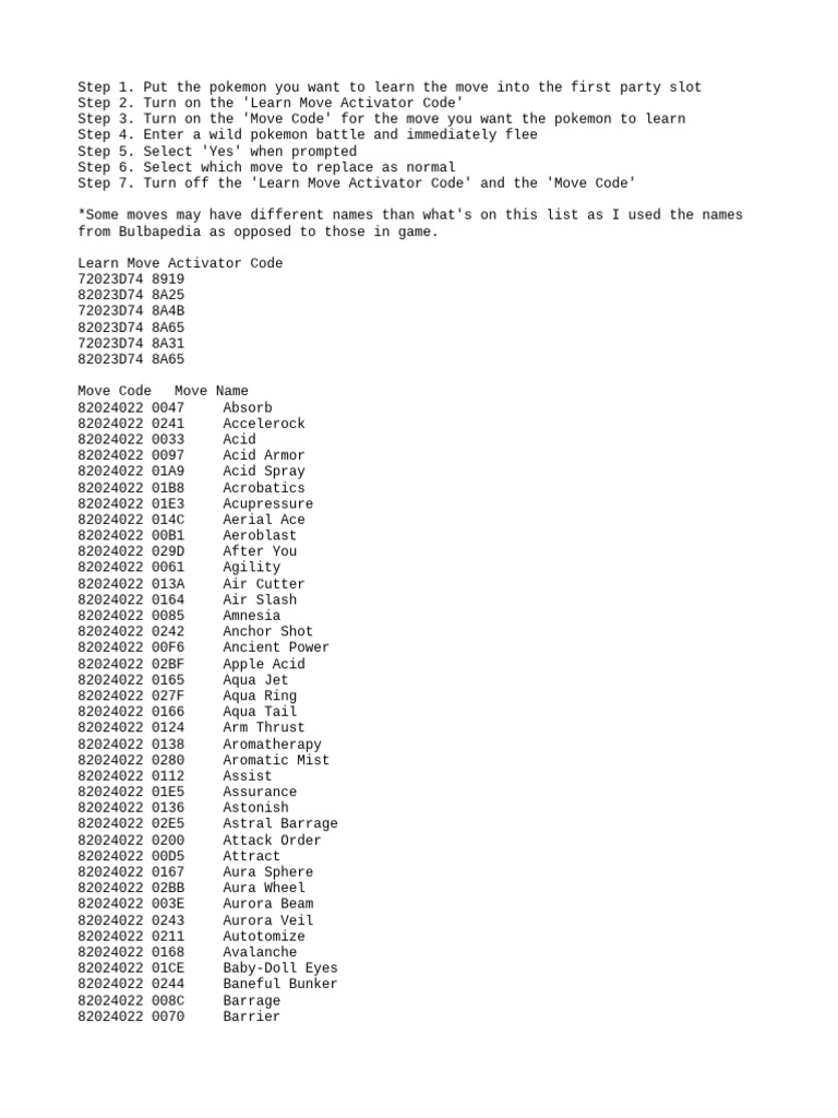 Pokémon Unbound Learn Any Move Codes | PDF