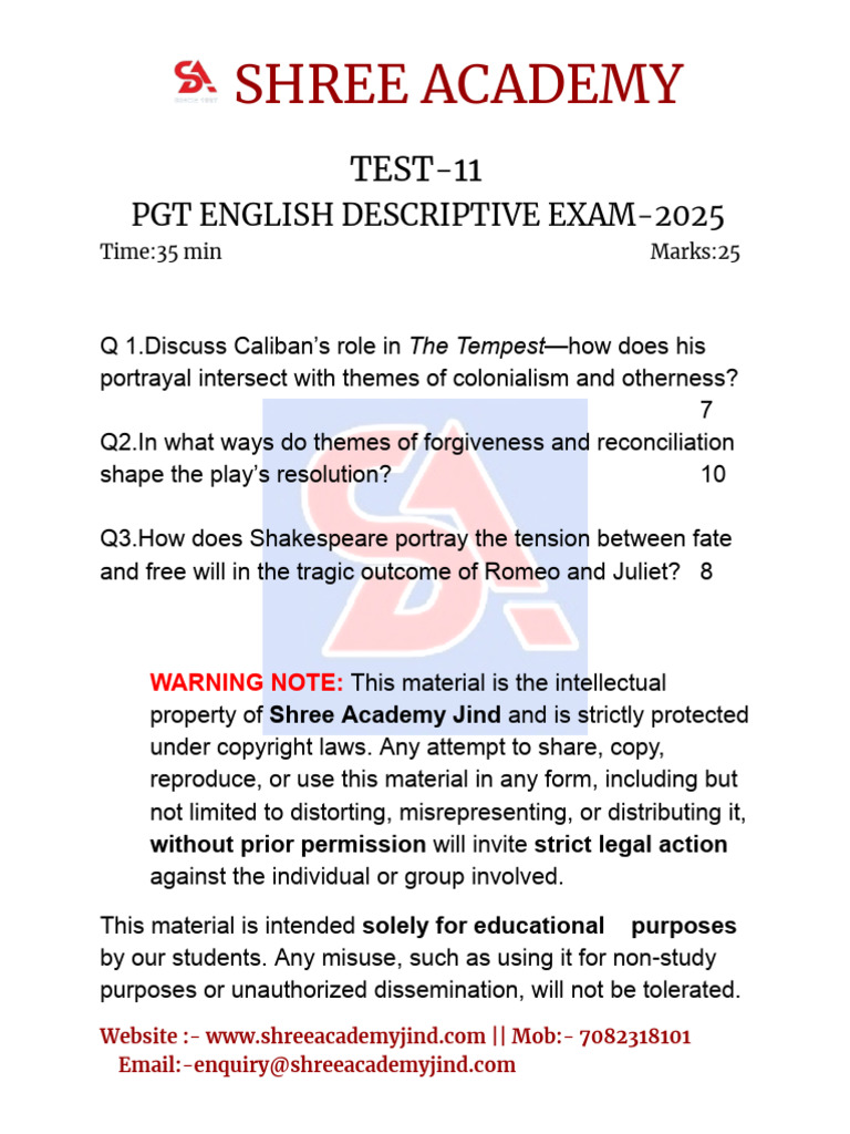 Test-11 PGT English Descriptive Exam-2024 - 31603514 | PDF