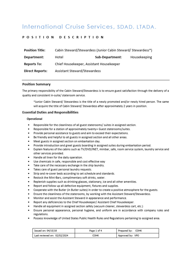 Junior Cabin Steward Position Overview | PDF | Flight Attendant | Safety