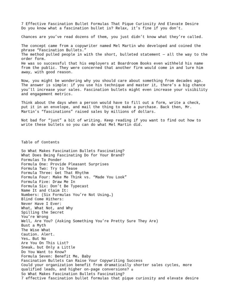 Fascination Bullet Formulas for Copywriting | PDF
