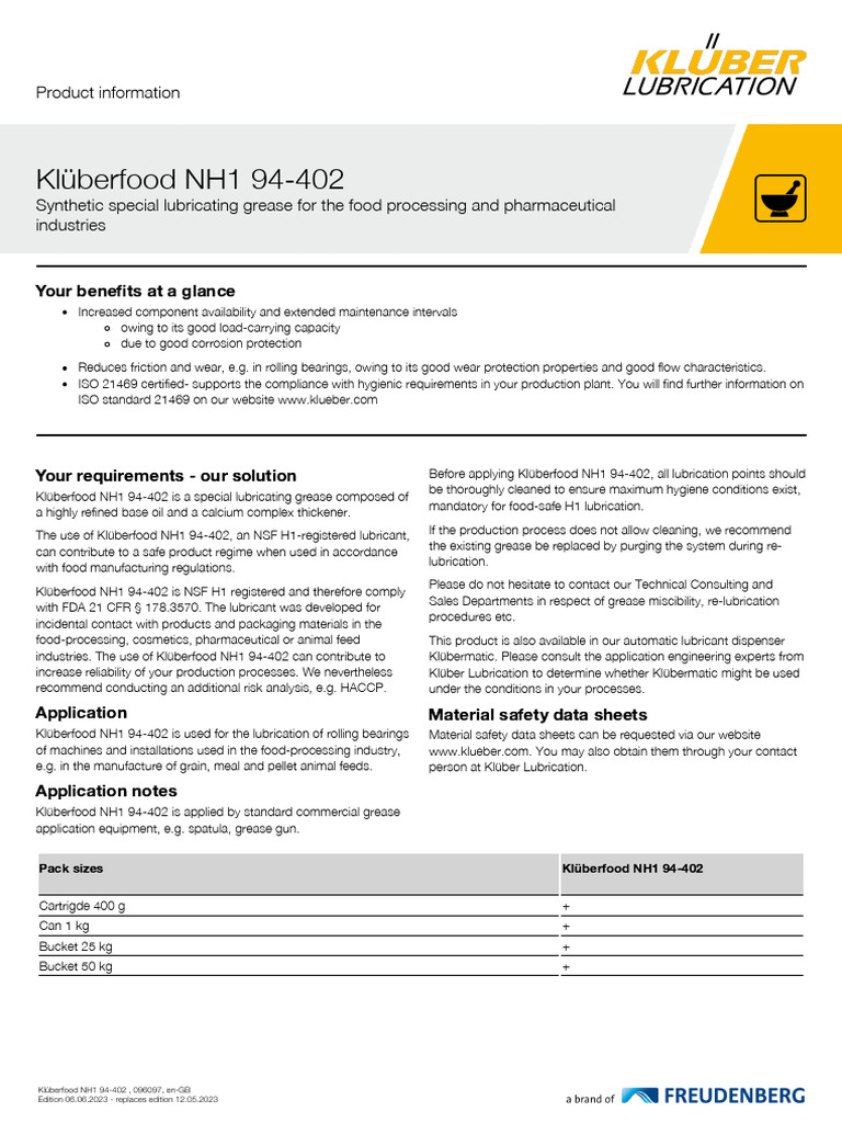 Klueberfood NH1 94-402 096097 PI GB en | PDF | Lubricant | Mechanical ...