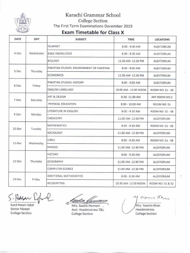 First Tem Exam Timetable Dec 2019 | PDF