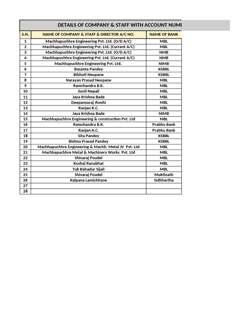 Company Staff Account Details List | PDF