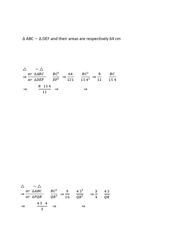 Maths X Mcqs Chapter 06 Triangles Ratio of Areas of Similar Triangles Based Questions | PDF ...