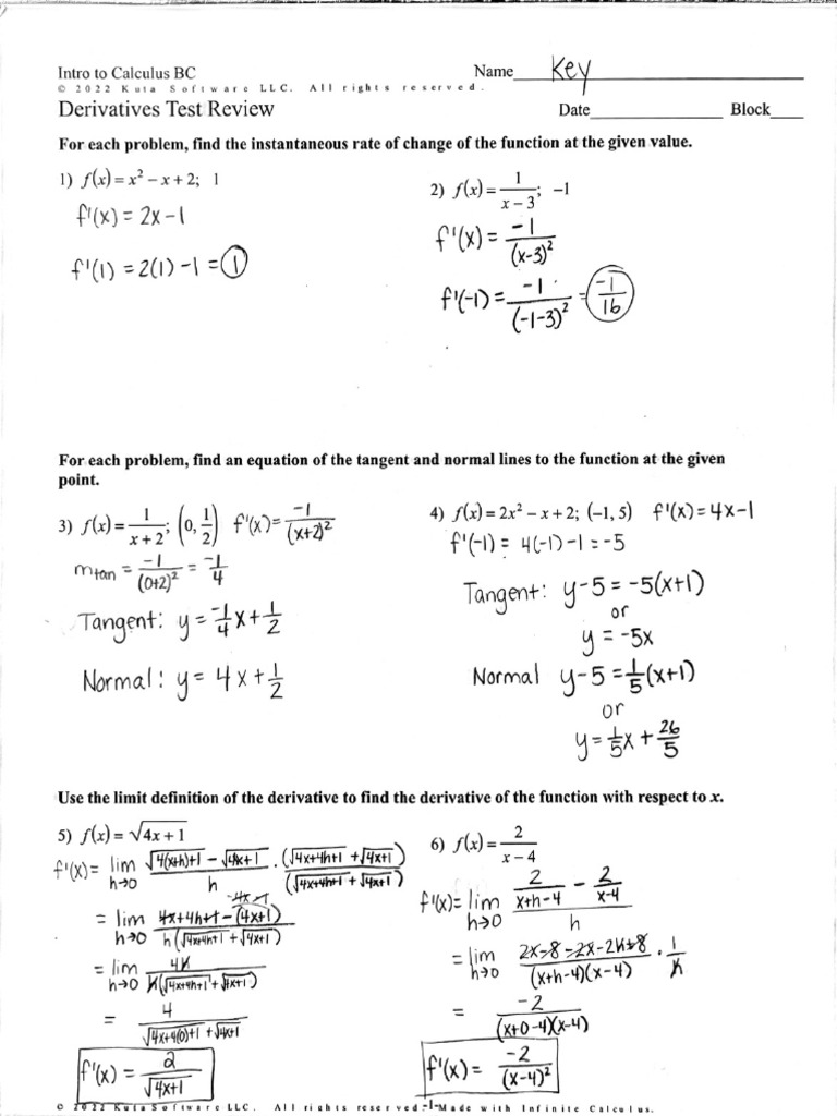 13-Derivatives Test Review ANS | PDF
