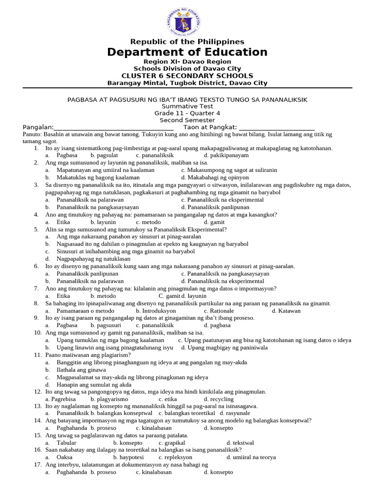 Q4 Exam Pagbasa at Pagsusuri | PDF