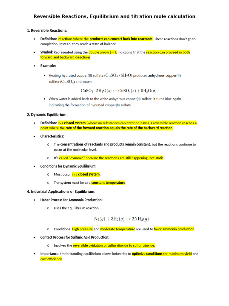 Reversible Reactions, Equilibrium and Titration Mole Calculation | PDF ...