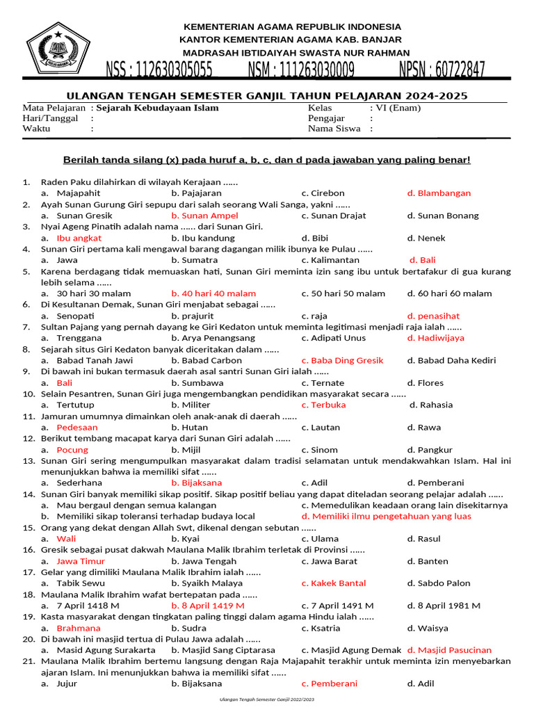 Soal Uts Ski Kelas 6 Tp. 2024-2025 | PDF