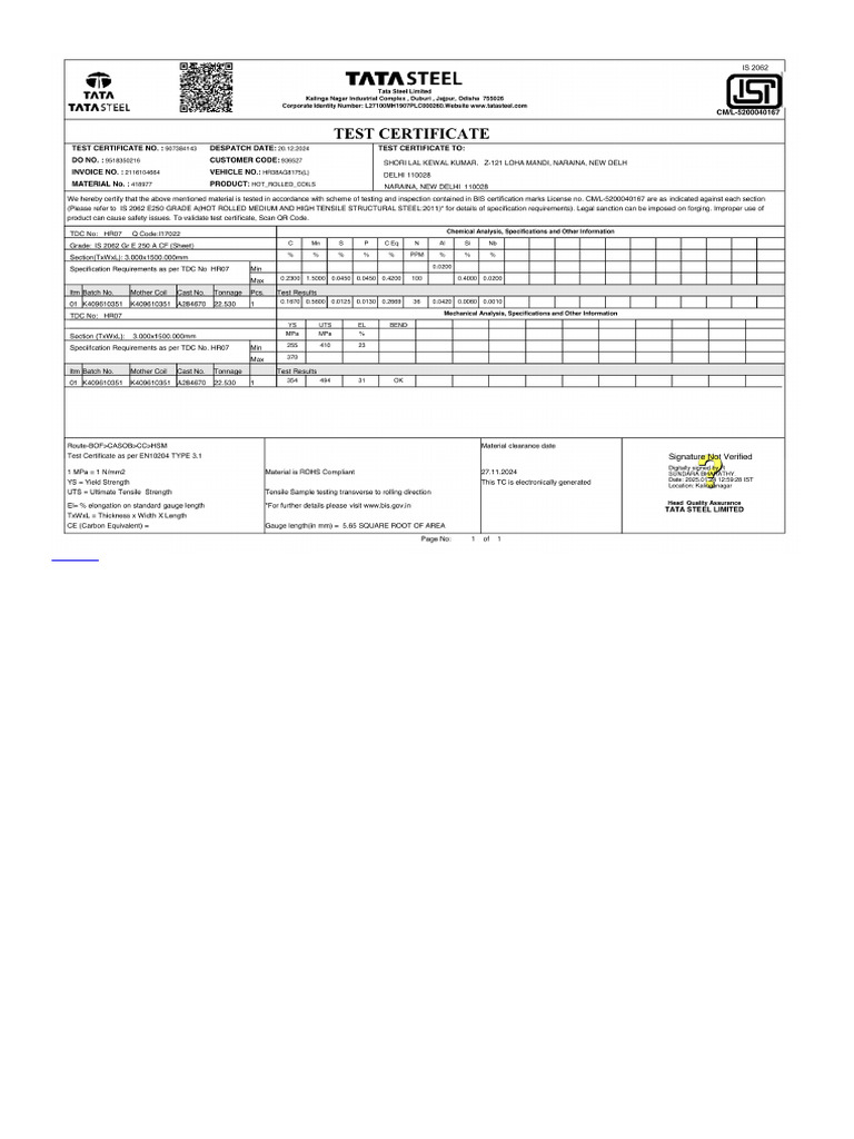 Test Certificate | PDF | Ultimate Tensile Strength | Physical Sciences