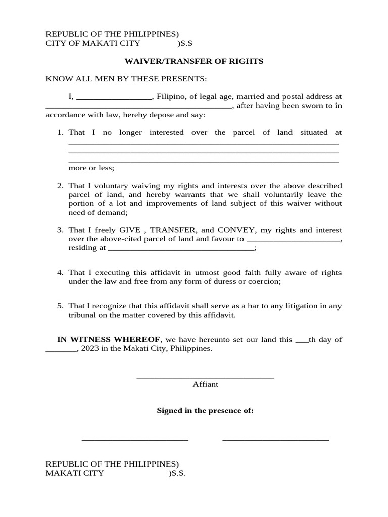 Land Rights Waiver Affidavit Template | PDF