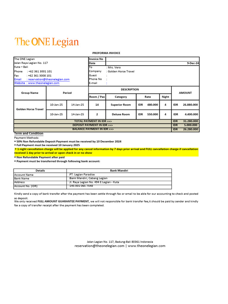 Proforma Invoice Golden Horse Travel 10 - 14 January 2025 PDF | PDF ...