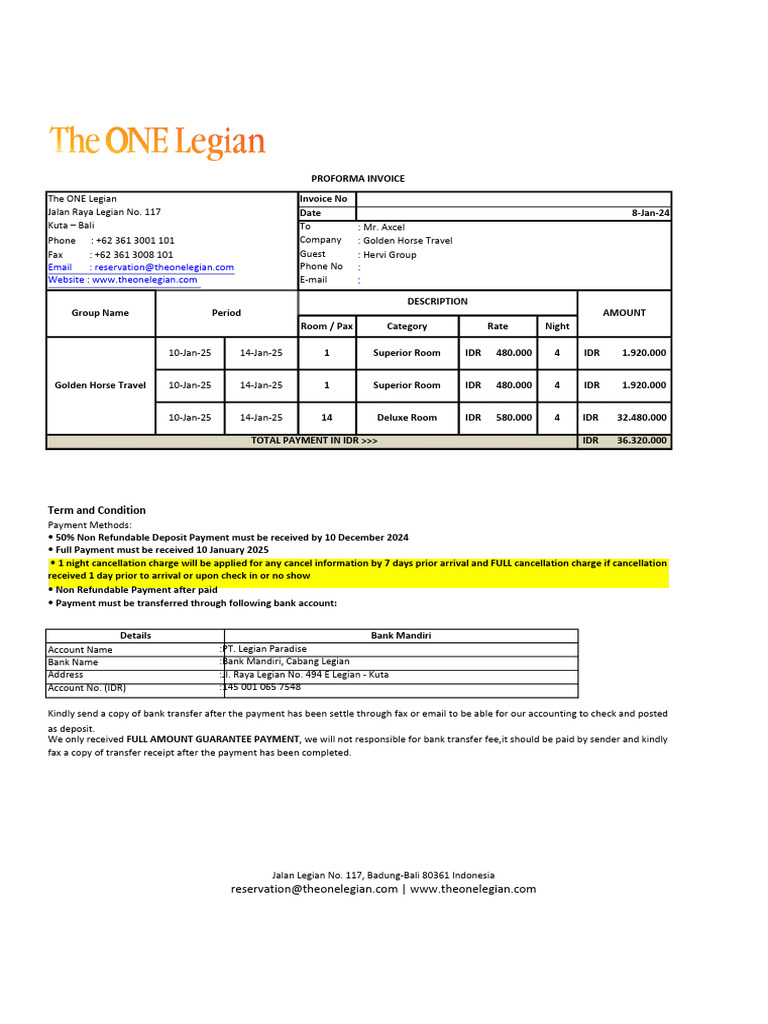 Revise 4 Proforma Invoice Golden Horse Travel 10 - 14 January 2025 PDF ...
