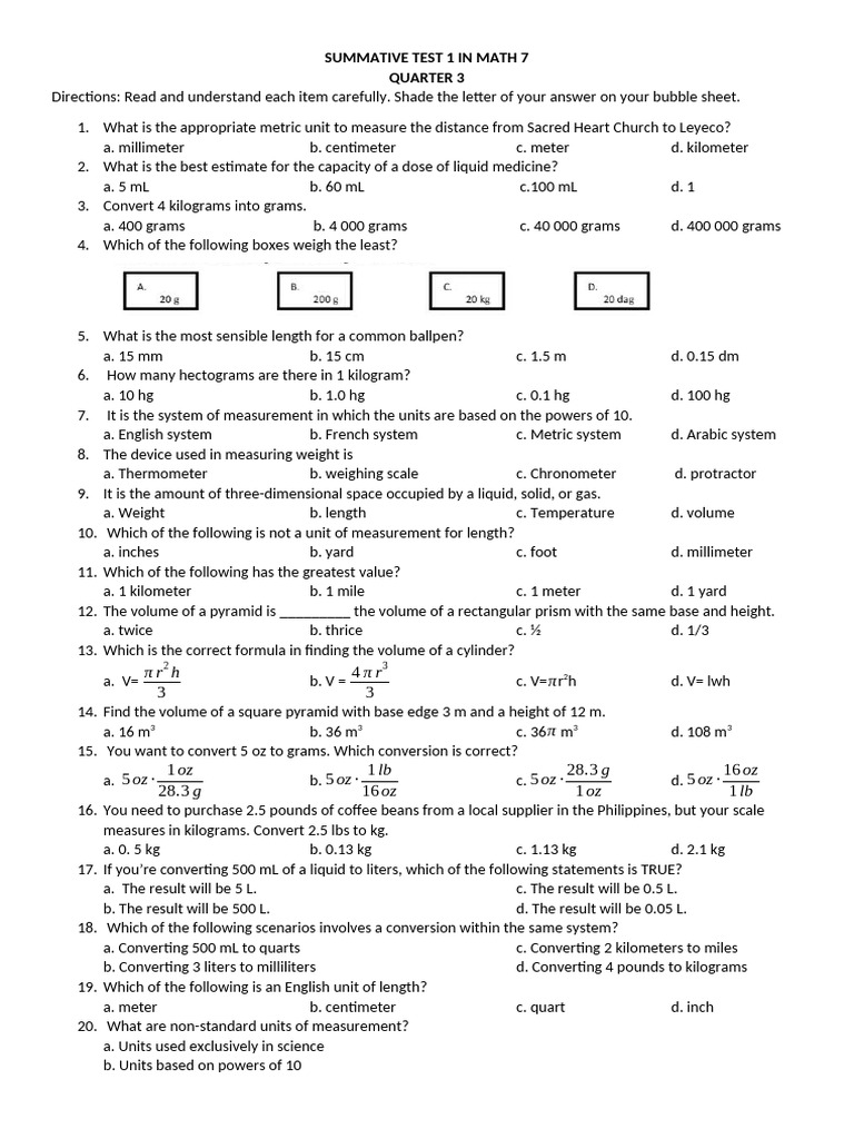 Summative Test 1 in Math 7-Quarter 3 | PDF | Volume | Litre