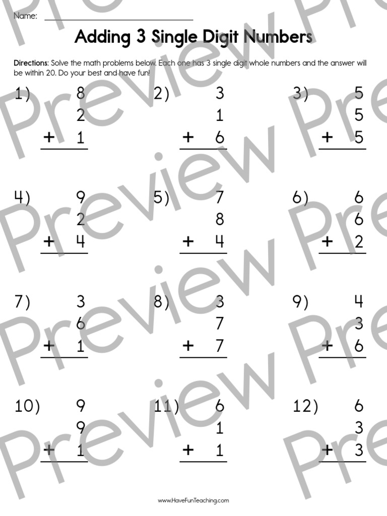 Adding 3 Single Digit Numbers Worksheet Preview | PDF