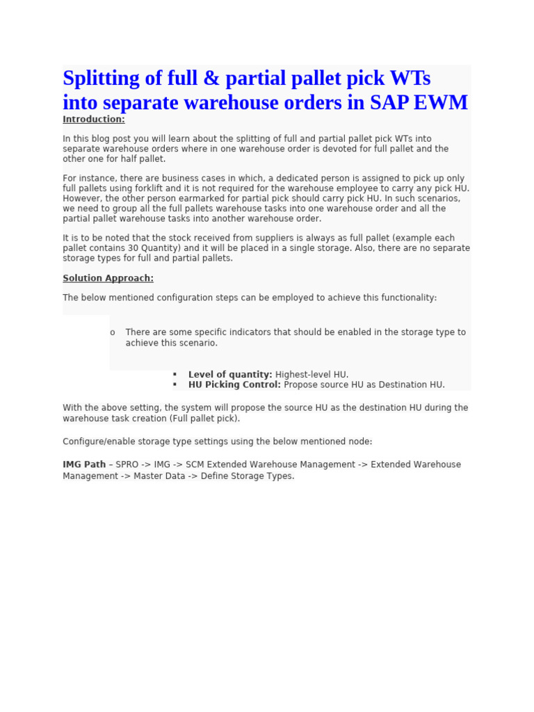 Splitting of Full & Partial Pallet Pick WTs Into Separate Warehouse Orders in SAP EWM | PDF ...
