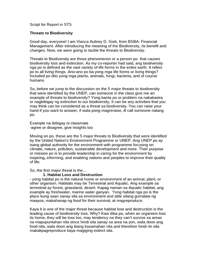 Script For Report in STS | PDF | Habitat Destruction | Habitat