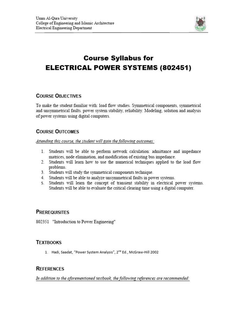 Electrical Power Systems Course | PDF | Engineering | Electrical ...